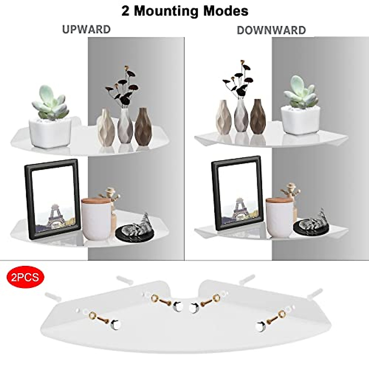 Cosmos 2 Pcs Acrylic Wall Mount Floating Corner Shelves Quarter Round Shower Shelf Hanging Corner Shelves Wall Storage Display Organizer for Bathroom Kitchen Bedroom Living Room (Transparent Clear)