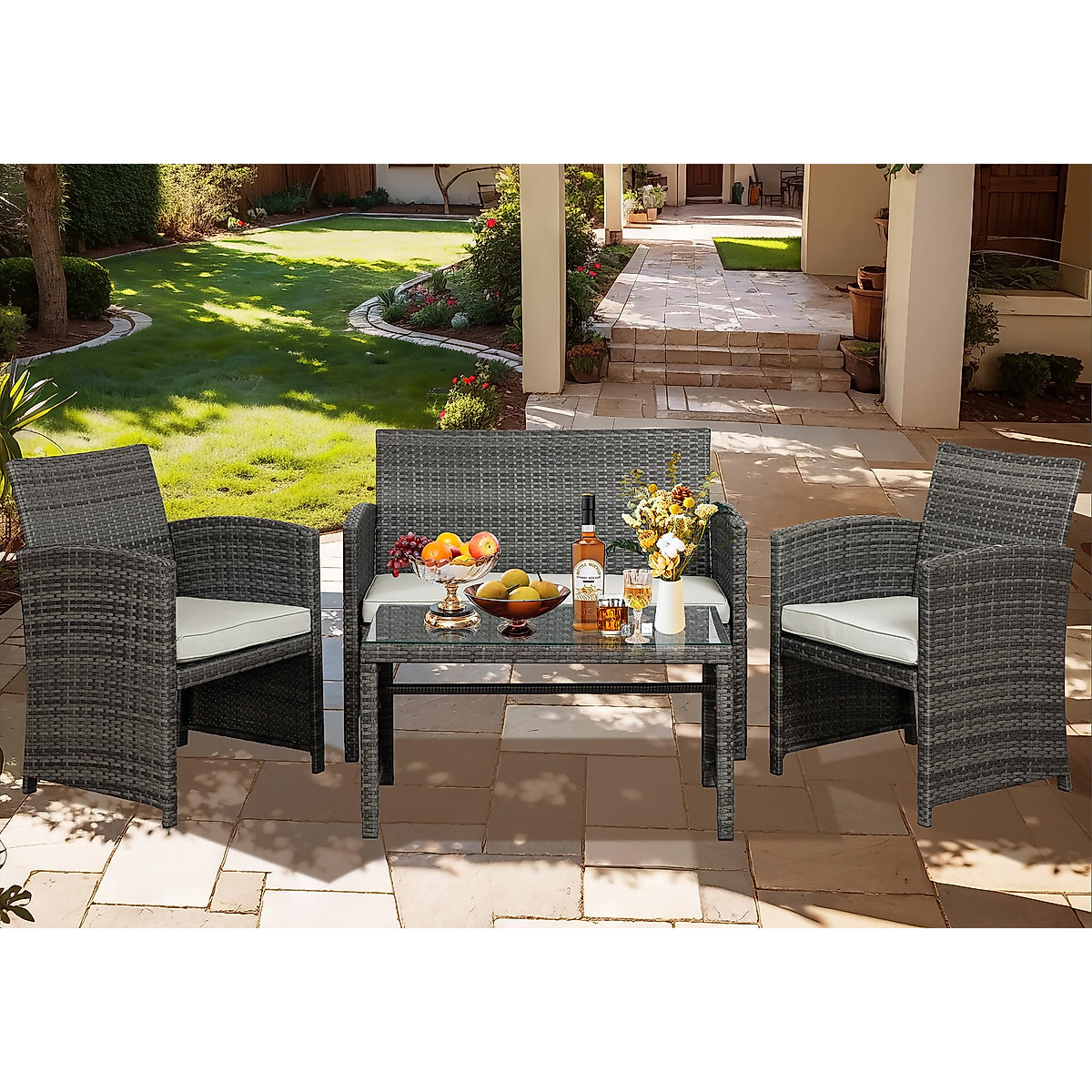 JAMFLY 4 Piece Patio Furniture Set, Outdoor Furniture Set Patio Wicker Conversation Set with Cushions and Tempered Glass Tabletop for Lawn Backyard Pool Garden