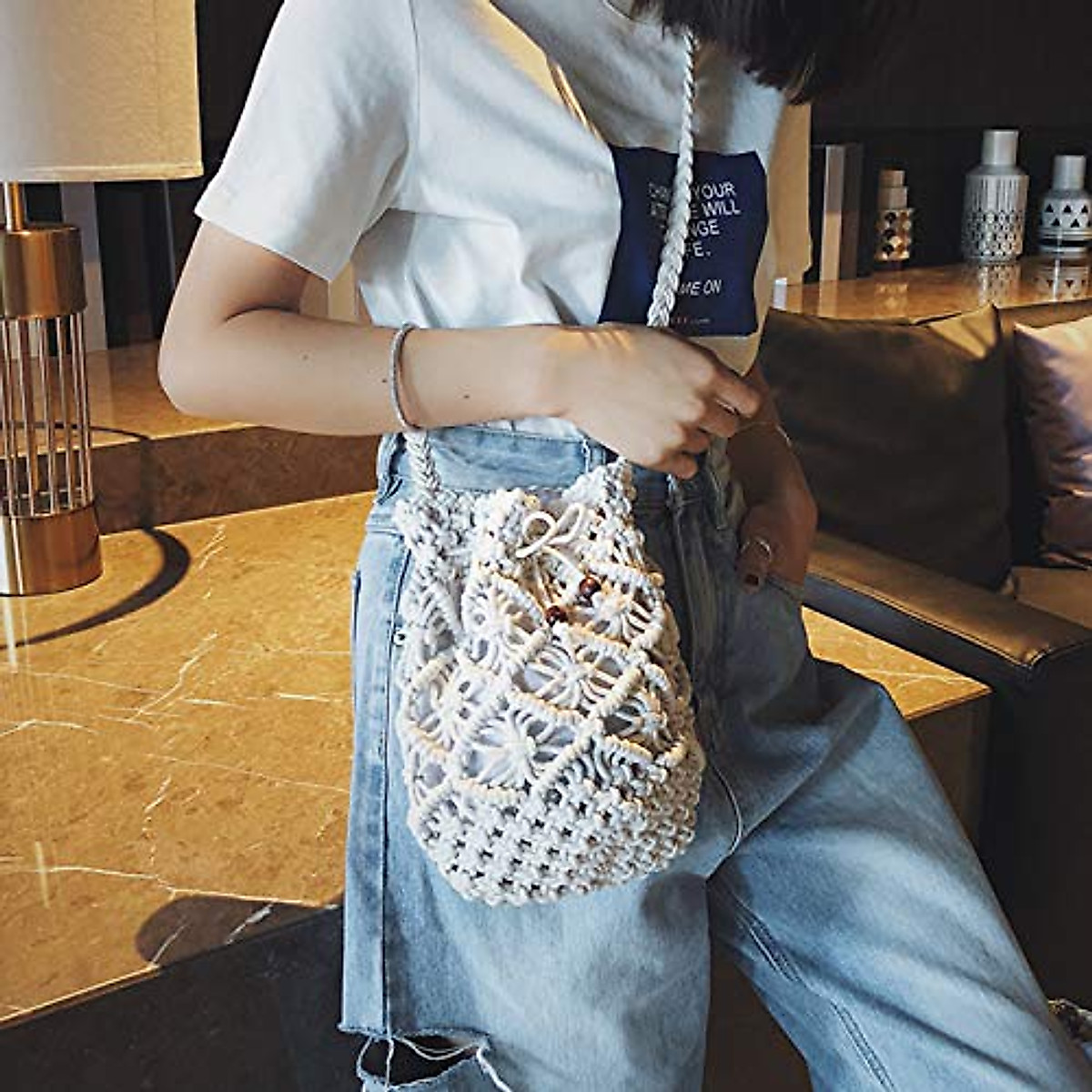 Nice Pies Womens Drawstring Crossbody Bag Beach Handwoven Purse Small Straw bucket bag retro woven hollow Messenger bag