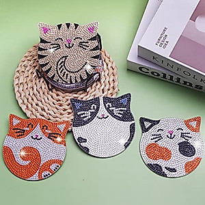 Vcekract Diamond Painting Coasters Kits, 6 Pieces Cat Diamond Painting Coasters with Holder, DIY Diamond Art Coasters with Stickable Cork Bases, Diamond Art Kits for Adults & Kids