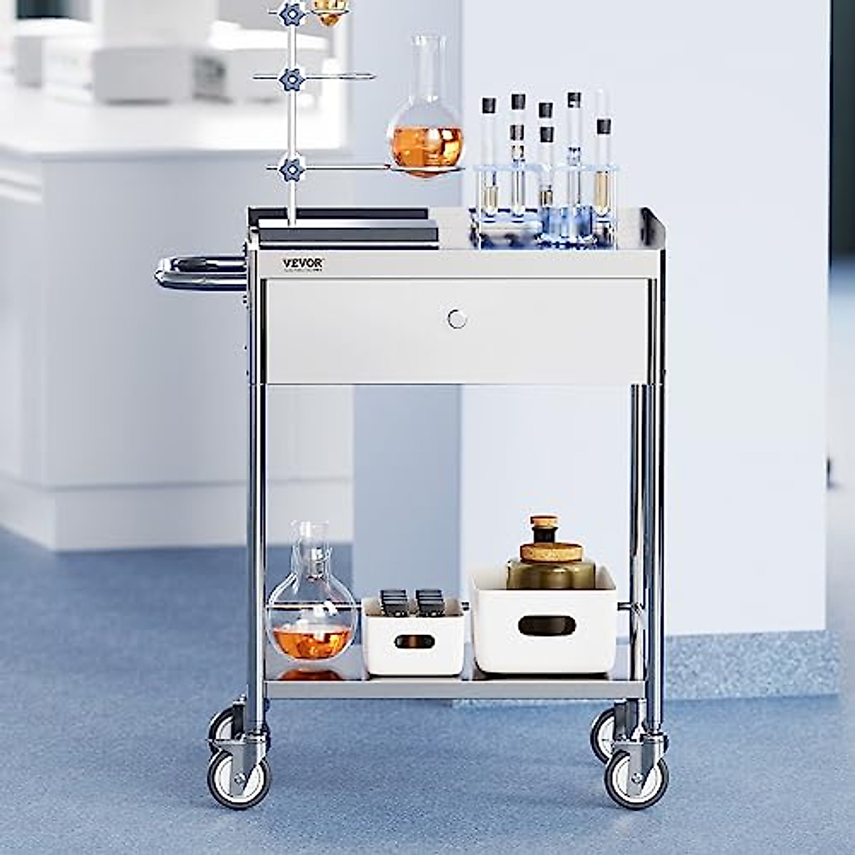 VEVOR Medical Trolley, Dual-Tier Stainless Steel Trolley with a 220 lbs Load Limit, Equipped with Quiet 360° Casters and a Drawer, Ideal for Laboratories, Clinics, Kitchens, and Salons