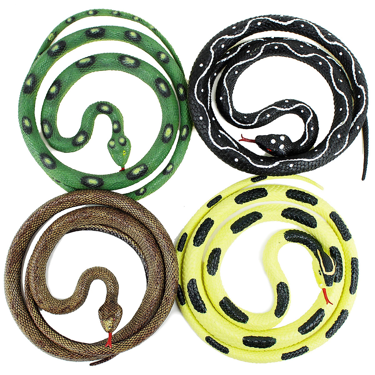 Boley Jumbo Snakes - 4 Pack 52" Long Realistic Rubber Snake Toy Set - Python, Rattlesnake, Garden Snake, Cobra - Fake Snake Prank Toys and Party Favors for Kids