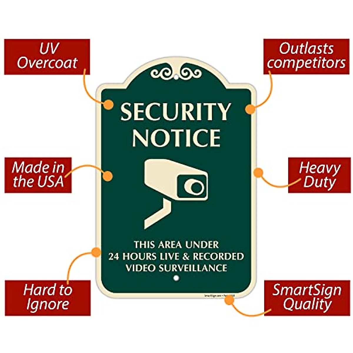 SmartSign Designer "Security Notice - Area Under 24 Hours Live And Recorded Video Surveillance" Sign, 12" x 18", 120 mil Aluminum Composite (ACM) with Overcoat, Green, Made in USA