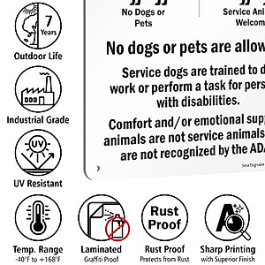 SmartSign 14 x 10 inch “No Pets - No Dogs Or Pets Allowed, Comfort/Emotional Support Animals Not Service...” Metal Sign, 40 mil Laminated Rustproof Aluminum, Multicolor