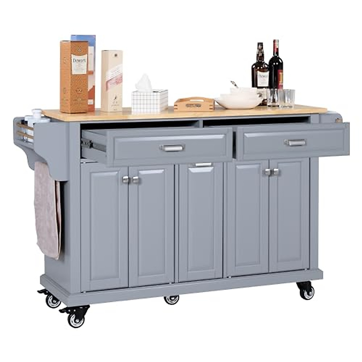 Cambridge Rolling Kitchen Island on Wheels Utility Cart with Spice and Towel Racks and Rubber Wood Countertop, Storage Drawers, Door Cabinets, Gray