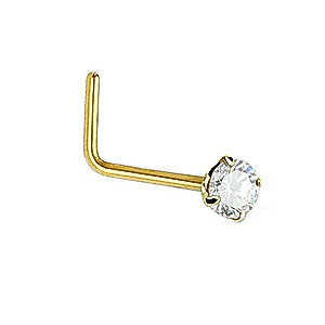 JewelStop 14K Solid Yellow Gold Nose Ring Bone CZ Prong Set - 0.5mm 24 Gauge 8mm Long