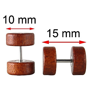 JewelrieShop Fake Plugs Wood Stud Earrings Fake Gauge Natural Wood Cheater Plugs Faux Gauges Earrings for Men Women (8-10mm, 17 Gauges)