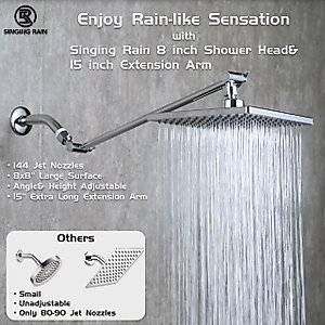 8'' Rain Shower Head with 15'' Extension Arm- 𝟮 𝗳𝗼𝗿 𝟭 𝗖𝗼𝗺𝗯𝗼 Large Surface Fixed Square Shower Head- Extra Long Adjustable Shower Head Extension Arm- Singing Rain Ultimate Shower Experience