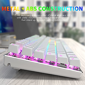 HUO JI E-Yooso Z-88 RGB Mechanical Gaming Keyboard USB Wired, Customizable RGB Backlit, Blue Switches - Clicky, Metal Panel, 104 Keys for Mac, PC, Silver+White