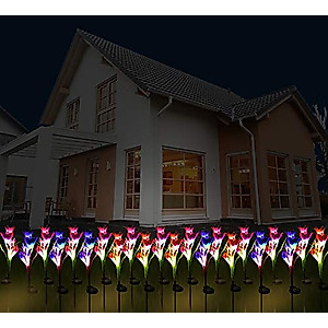 Solar Flower Lights Outdoor Waterproof, BOOTOP 4 Pack Solar Garden Stake Lights with 16 Lily Flowers, Solar Flowers, Solar Lily Flower Lights for Garden Yard Pathway Decoration