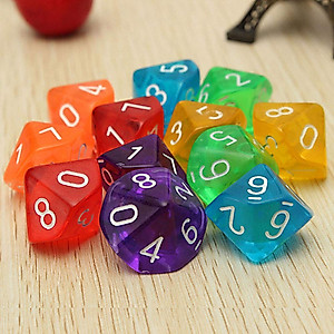 24 Pcs Transparent Polyhedral Dice Acrylic 10 Sides Game Dice with Number 0-9, Assorted Colors