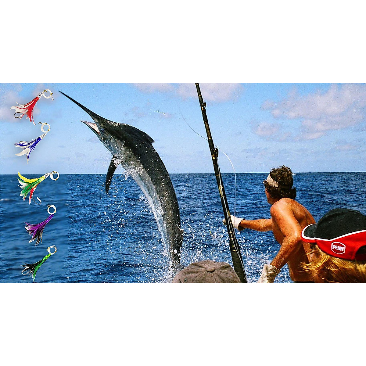 XMWangzi Trolling Feather Fishing Lures Saltwater, Fishing Tackle Deep Sea Head Octopus Trolling Skirts, Fluke Rig Squid Lures, Fishing Teasers for Marlin Tuna (5 Pcs in 5 Colors)