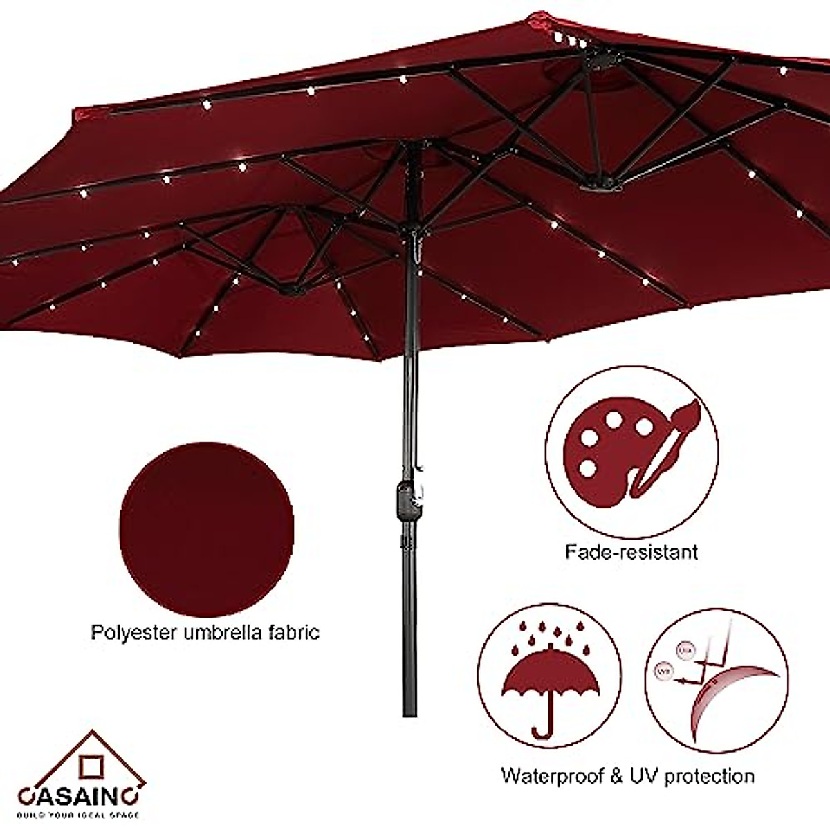 CASAINC 15 FT Solar LED Patio Umbrella with Base Double-Sided Extra Large Outdoor Umbrella Market Rectangular Twin Umbrella w/Crank for Garden Deck Lawn Pool Backyard-Burgundy (with Lights)