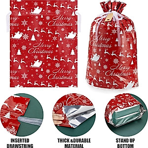 Christmas Drawstring Gift Bags with Tags - 32 PCS Stand Up Thanksgiving Gift Bags Assorted Sizes Large Medium Small Foil Gift Wrapping for Birthday, Goodies, Xmas Holiday Party Decorations Supplies
