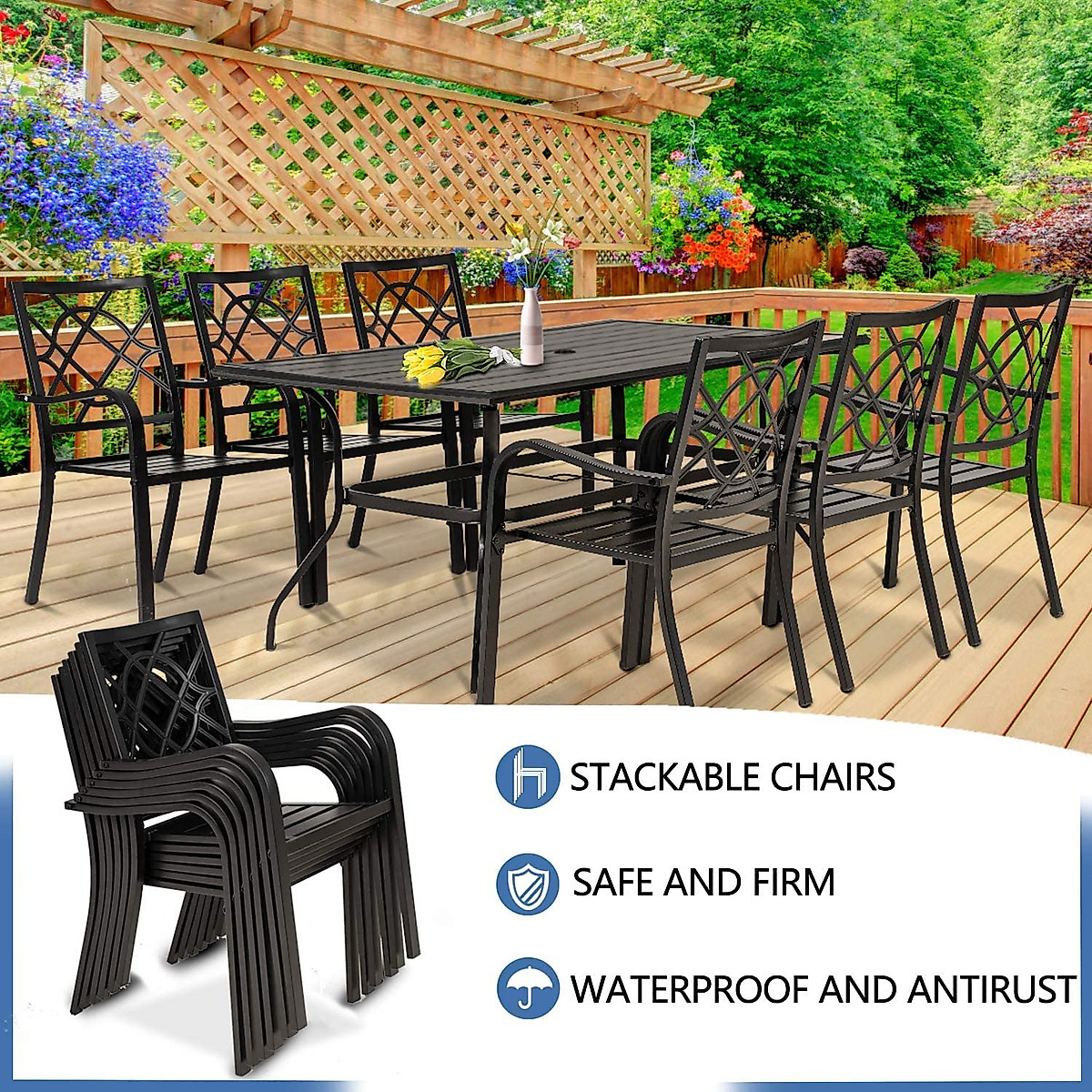 Incbruce 7 Pcs Outdoor Dining Set Wrought Iron Patio Dining Set, Dining Furniture Set (6 Dining Chair and 1 Rectangular Table with 1.57" Umbrella Hole) for Garden,Backyard(Metal Tabletop)