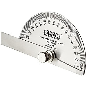 General Tools 18 Round Head Stainless Steel Angle Protractor, 0 to 180 Degrees, 6-Inch Arm