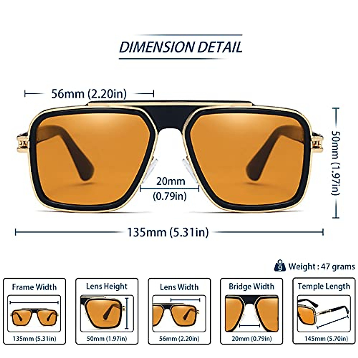 Freckles Mark Trendy Retro Sunglasses for Men Women Classic Stark Vintage Shades 70s Italian Fashion Square Metal Glasses (Yellow/Black, 56)