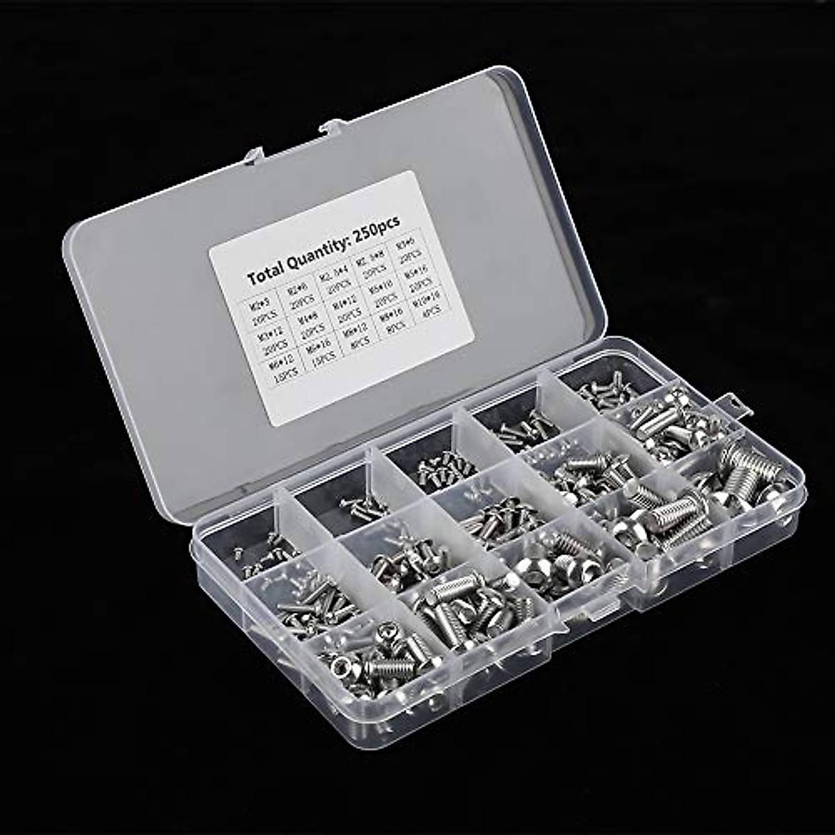 Screw Set, 250 Pieces M2/M2.5/M3/M4/M5/M6/M8/M10 Machine Screw Set for Laptop/Keyboard/Telephone/PC