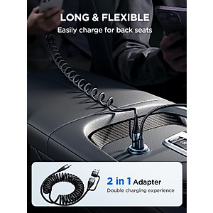 JOYROOM USB C Car Charger,【USB A/C to USB-C Coiled Cable】60W Super Fast Car Phone Charger 【Mini & All Metal】iPhone Car Charger Adapter for iPhone 15/14/13/12/11 Pro/11/X, Note 9/20 Galaxy S23/S10/S9