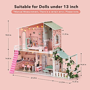 ROBUD Doll House, Wooden Dollhouse for Kids Toddler with Garden, Ladder, 25pcs Realistic Accessories, Gift for 3+ Years Old Girls Boys, Pink