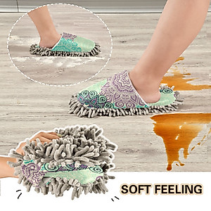 Kigai Microfiber Cleaning Slippers Green Mandala Washable Mop Shoes Slipper for Men/Women House Floor Dust Cleaner, Size M