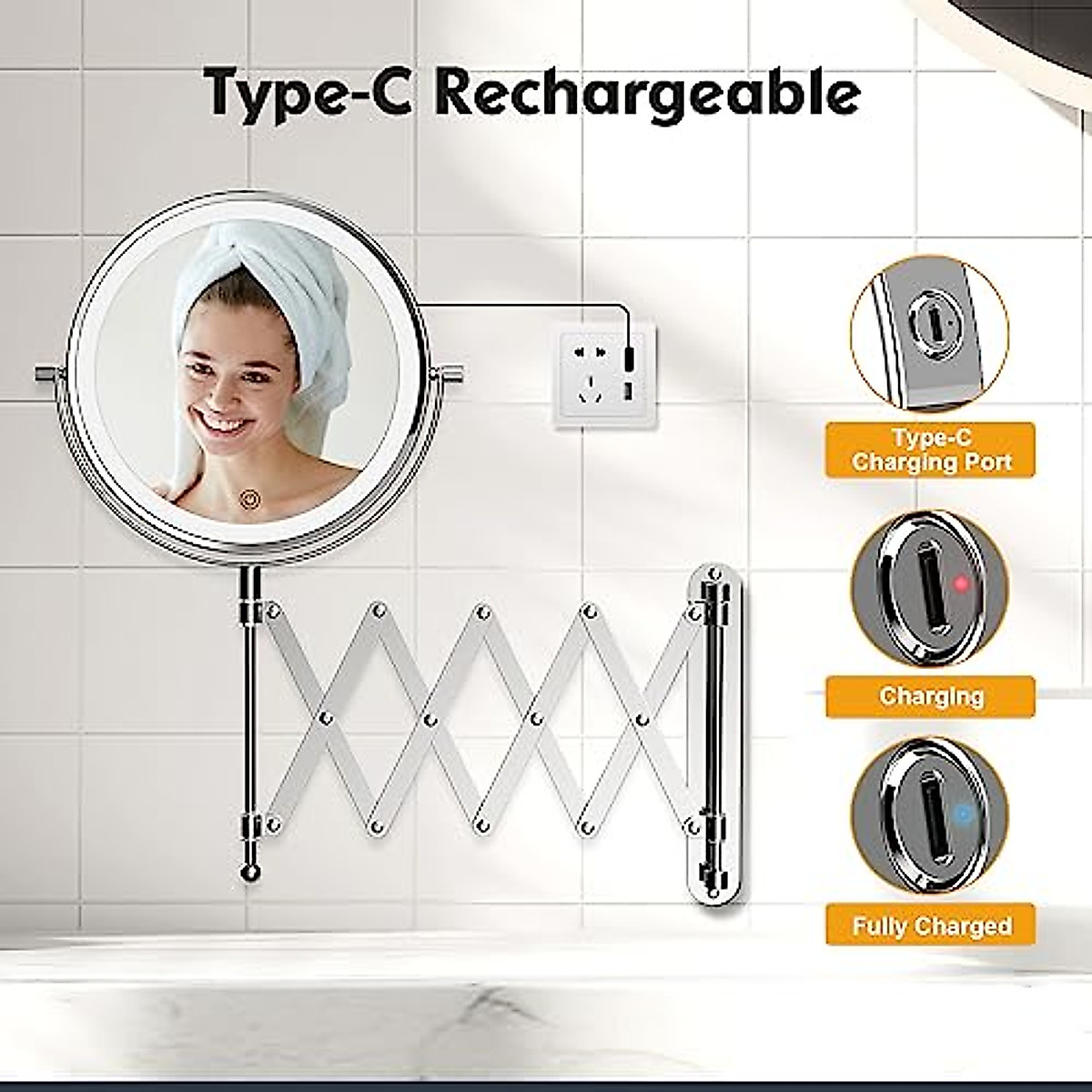 Rechargeable Wall Mounted Makeup Mirror - 8 Inch Double Sided 1X/10X Magnifying Mirror with 3 Color Lights Dimmable Touch Screen, 360°Swivel 19.6 Inch Extendable Mesh Bathroom Mirror - Chrome