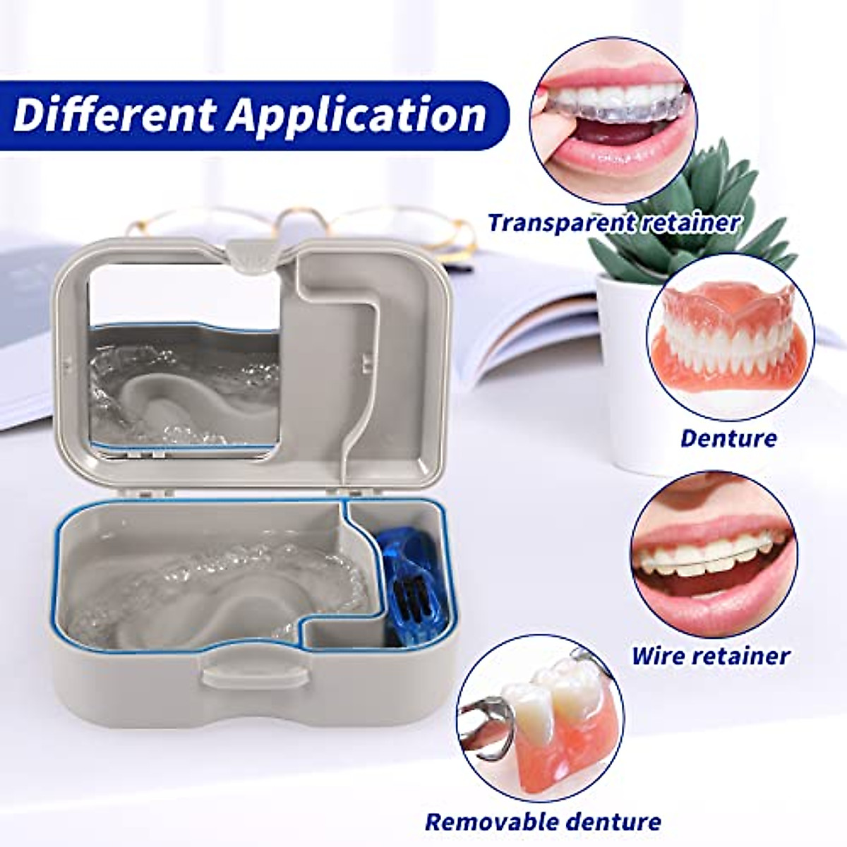 Annhua Denture Cup Bath Box Case with Mirror and Cleaning Brush, Dental Case with Brush Retainer Cleaning Case Mouth Guard Storage Soaking Cup Holder for Travel, Office, Household Use