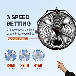 VEVOR 18 Inch Wall Mount Fan, 3-speed IP44 Waterproof Industrial Wall Fan, Max. 4150 CFM Wall Mounted Fan for Outdoor, Commercial, Residential, Greenhouse, Workshop, ETL Listed, 2-Pack
