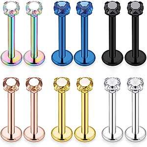 SCERRING 6 Pairs 14g Stainless Steel 3mm Prong Setting CZ Internally Threaded Labret Monroe Lip Tragus Daith Cartilage Helix Earring Ring Body Piercing Jewelry 8mm - Silver