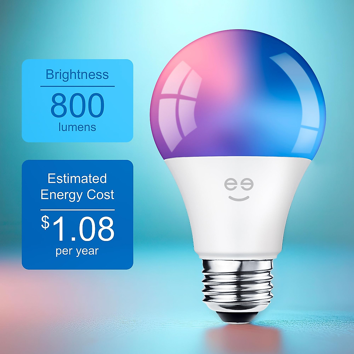 Geeni Prisma Plus 800 WiFi LED Smart Light Bulb (4-Pack), 2700-6500K Tunable Hue White to RGB, Dimmable, A19 60W, No Hub Required, Light Bulb Compatible with Alexa, Google Assistant