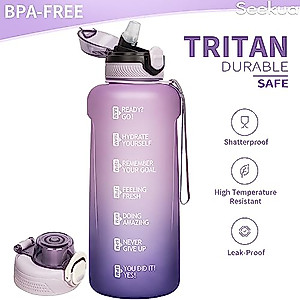 Seekua Large Tritan Water Bottle with Straw & Time Marker, Motivational Half Gallon Daily Drinking Water Bottle with Strap Big Water Jug for Sports, Gym, Fitness, Travel, 2 Lids, 64 oz