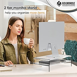 GOLDORCLE 2-Tier Acrylic Monitor Stand Riser Clear Computer Monitor Stand for Laptop PC Printer Computer Riser Acrylic Tray Laptop Storage Shelf (Medium)