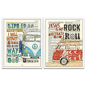 Psalm 32:8, Luke 24:2, Christian Art Prints, Set of 2, Unframed, Classic Antique Car Van Bible Verse Scripture Wall Decor Poster, 8x10 Inches