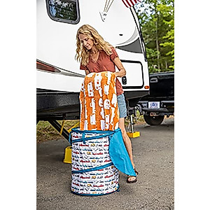 Camco Life Is Better at the Campsite Camper/RV Pop-Up Utility Container | Features Multi-Color Camping Themed Design & Holds 30-Gal. Kitchen-Size Trash Bags | Includes Heavy-Duty Stake (42986)