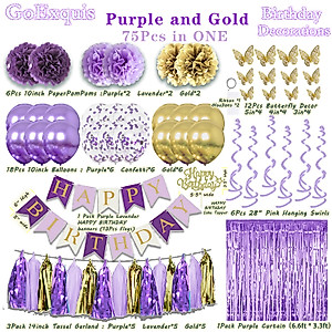 GoExquis Purple Violet Gold Birthday Decorations for Women Girls Butterfly Decor Cake Topper Hanging Swirls Foil Curtain Tassel Garlands Paper Pom Poms Happy Birthday Banner Balloons
