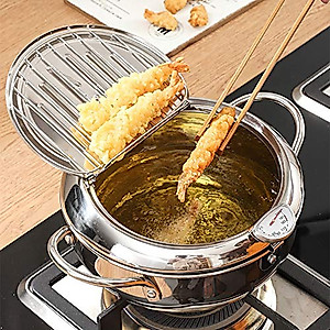Deep Fryer Pot, Japanese Tempura Small Deep Fryer Stainless Steel Frying Pot With Thermometer,Lid And Oil Drip Drainer Rack for French Fries Shrimp Chicken Wings(20cm, 304)