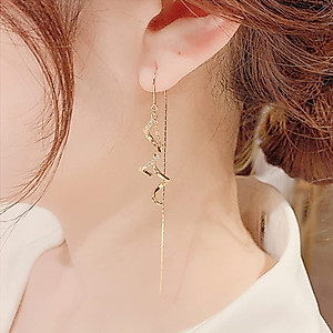 Sonateomber Gold Long Spiral Chain Dangle Threader Earrings for Women Dainty Cute Cubic Zirconia Geometric Curve Twisted Drop Dangly Thread Earrings Jewelry Prom Gifts