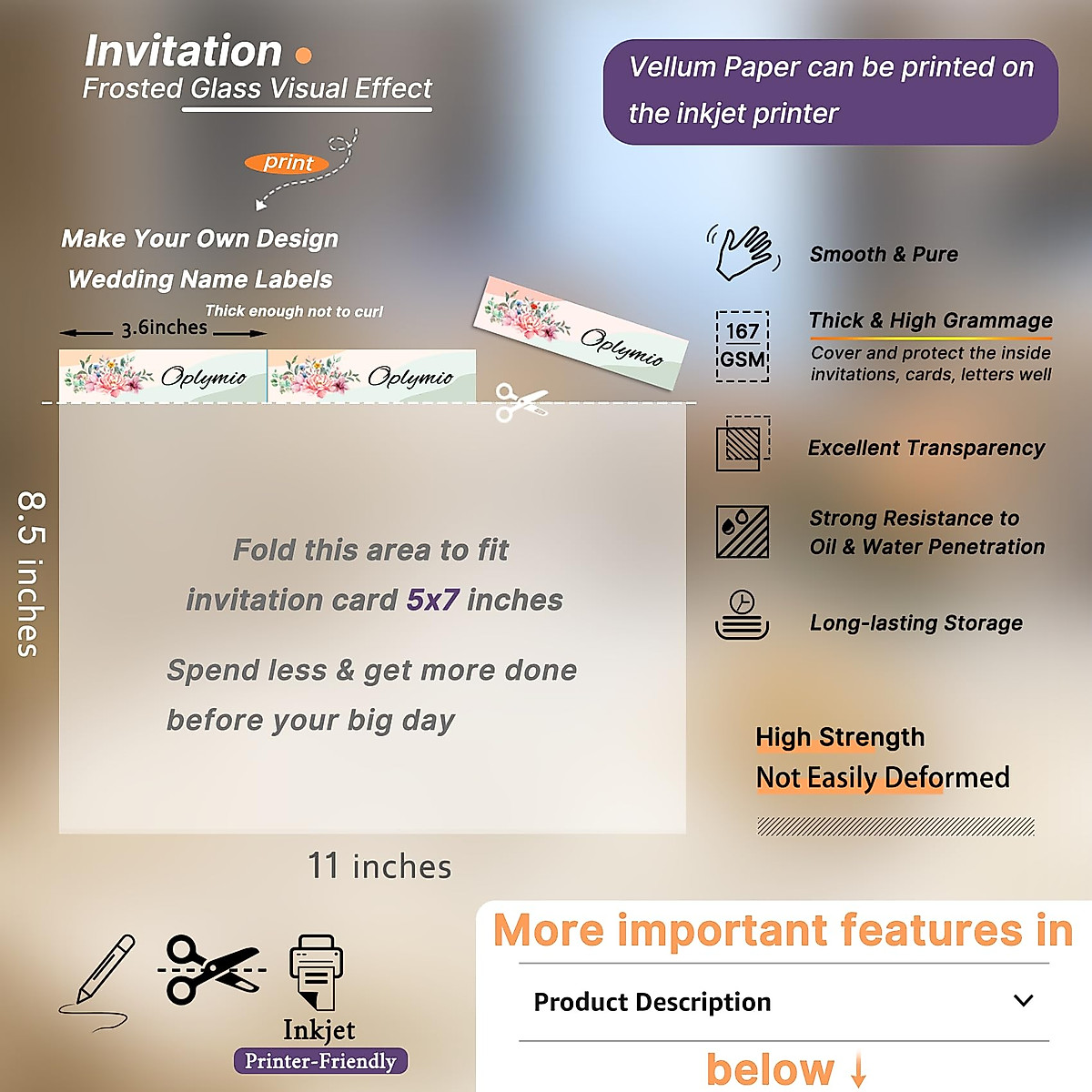 Thick Translucent Vellum Paper, Oplymio 42 Sheets 167GSM Printable Tracing Vellum Paper for Invitations, Envelopes, Heat Embossing, Belly Bands(8.5 x 11 Inches)