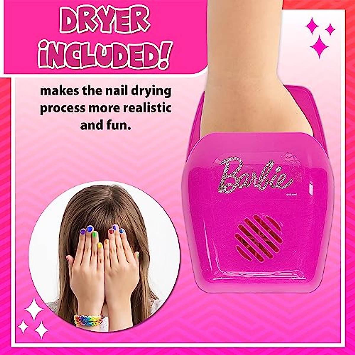 Townley Girl Barbie Non-Toxic Peel-Off Water-Based Safe Nail Polish Set with Nail Dryer for Kids, Batteries Not Included, Ages 3 and Up