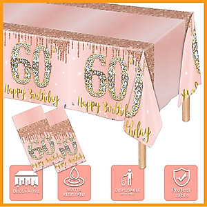 2PCS 60th Birthday Tablecloth Pink Rose Gold 60th Birthday Table Cover Happy 60th Birthday Decorations for Women Plastic Disposable 60th Birthday Table Cloth 60th Birthday Party Supplies (54"x108")