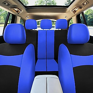 FH Group Light & Breezy Cloth Full Set Car Seat Covers (Blue/Black) Combo Set: Steering Wheel Cover, Seat Belt Pads and Black Vinyl Floor Mats – Universal Fit for Cars Trucks & SUVs