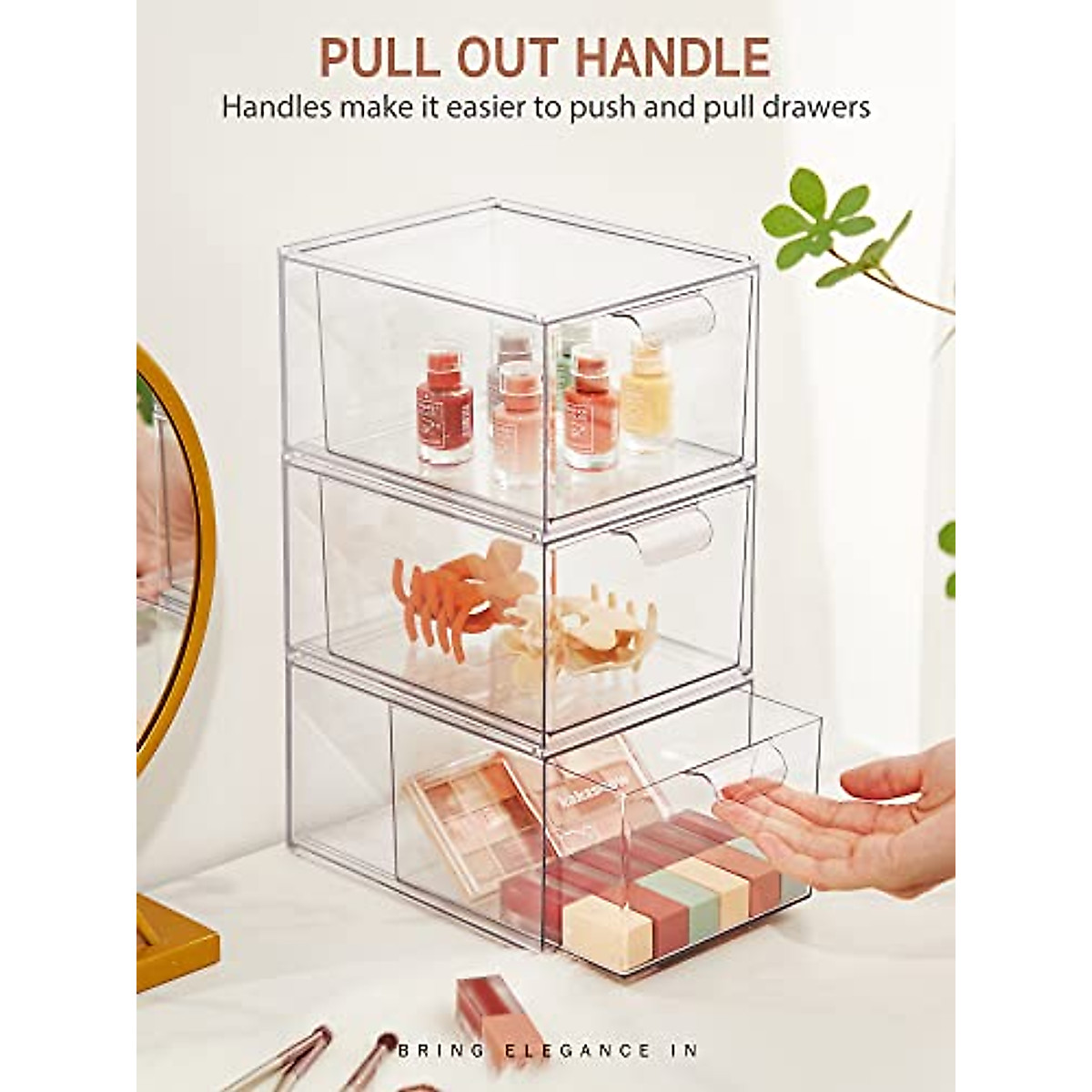 Syntus 3 Piece Set Stackable Makeup Organizer Drawers, 4.4'' Tall Bathroom Storage Drawer, Large Capacity Plastic Cosmetics Storage Box for Vanity, Kitchen Cabinets, Pantry Organization