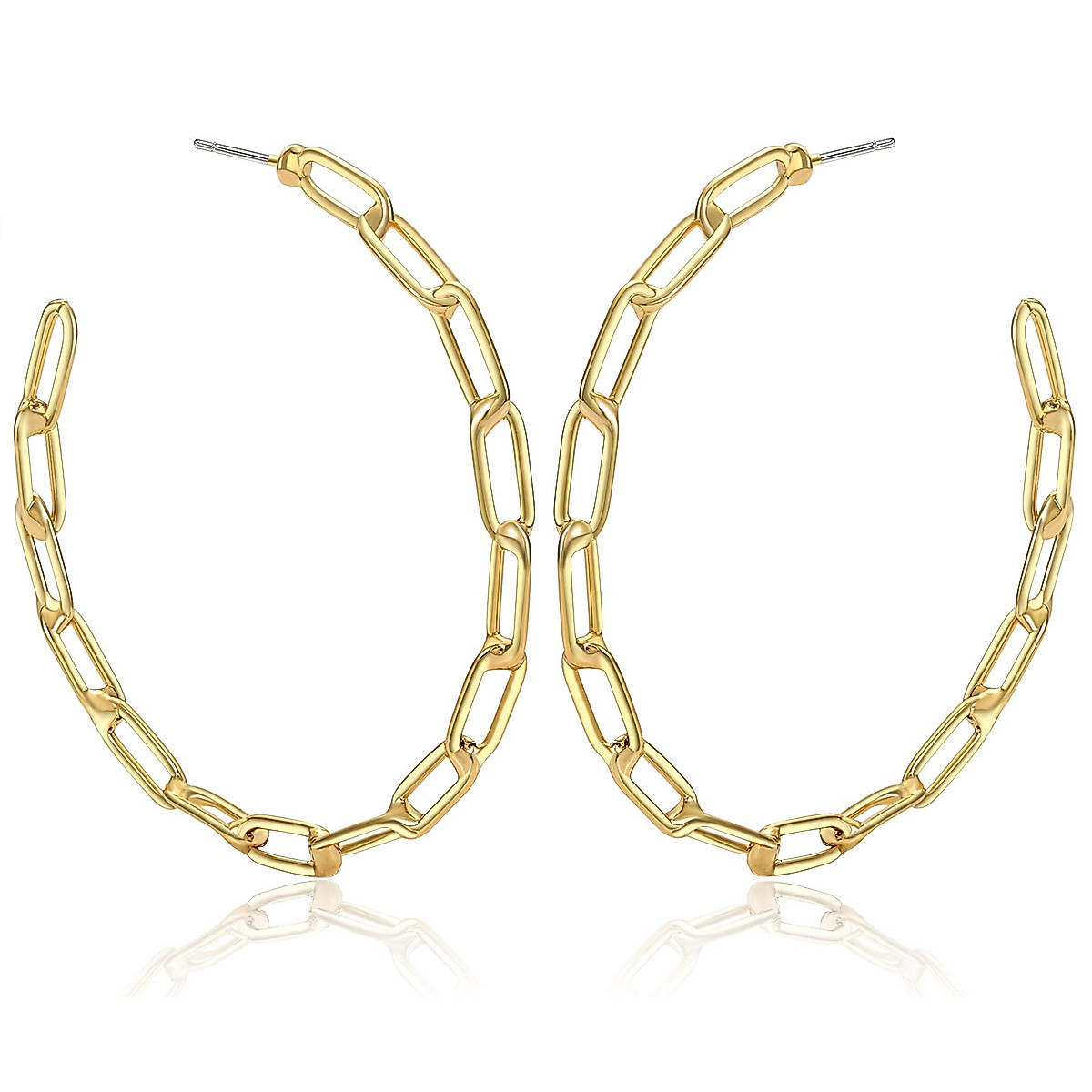 NLCAC 14K Gold Chain Hoop Earrings Chic Shiny Gold Paperclip Chain Link Big Hoop Earrings for Women (Gold)