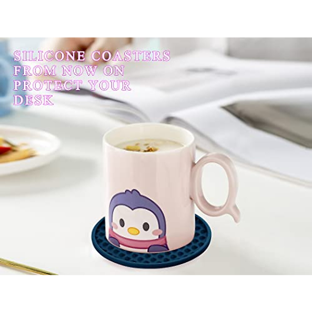 Coasters for Drinks 6 Pack Drink Coasters with Holder,Heat Resistant Silicone Coasters Tabletop Protection,Non-Slip Rubber Coasters for Kinds of Cups (Blue)