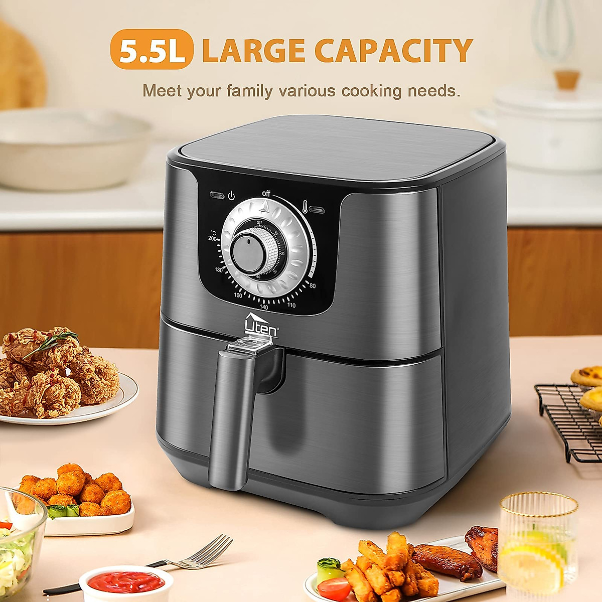 Uten 5.8 Quart Air Fryer, 1700W Hot Oven Oilless Cooker,Non-Stick Fry Basket, Manual Air Fryer with Timer Knob and Temperature Knob, Black