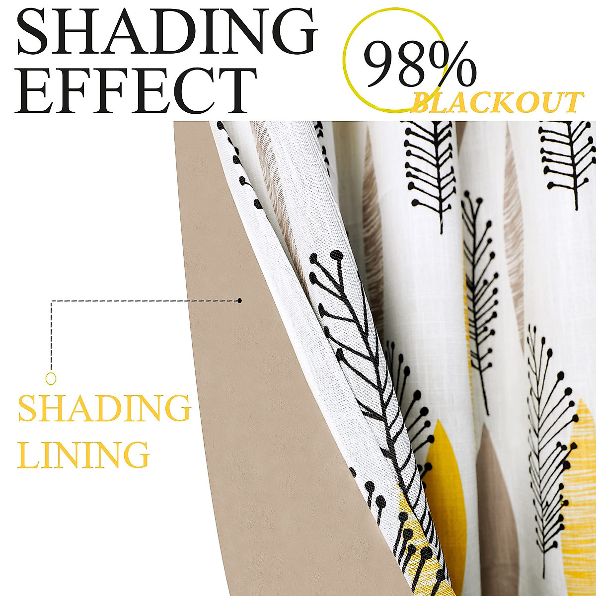 Cherry Home Modern Leaves Room Darkening Blackout Curtain Pairs Panel Heavy Drapes for Living Room Grommet Top Draperies Yellow,2 Panels with 2 Matching Pillow Case,52 Inch by 84 Inch