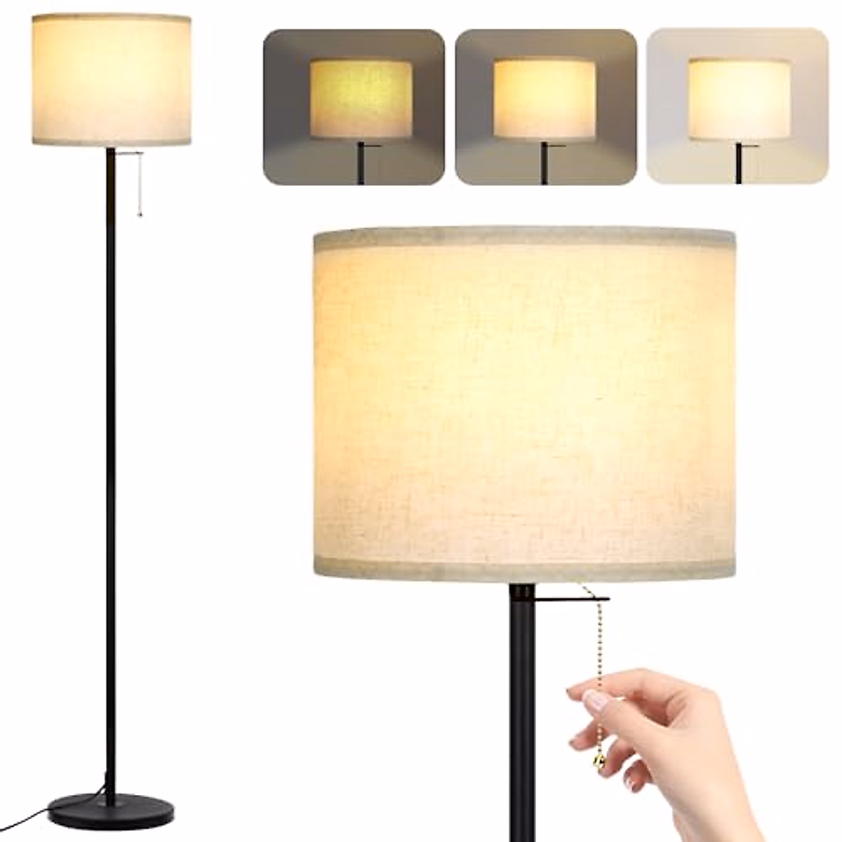 Modern Floor Lamp for Living Room Traditional Farmhouse Floor Lamps Mid-Century Pole Lamp with Linen Lamp Shade, Standing Tall Floor Lamps for Bedrooms and Office (Black+Metal Pole)