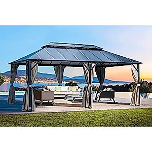 MELLCOM 12x20ft Hardtop Gazebo, Permanent Outdoor Patio Gazebo with Double Aluminum Composite Roof for Patio Lawn and Garden, Curtains and Netting Included