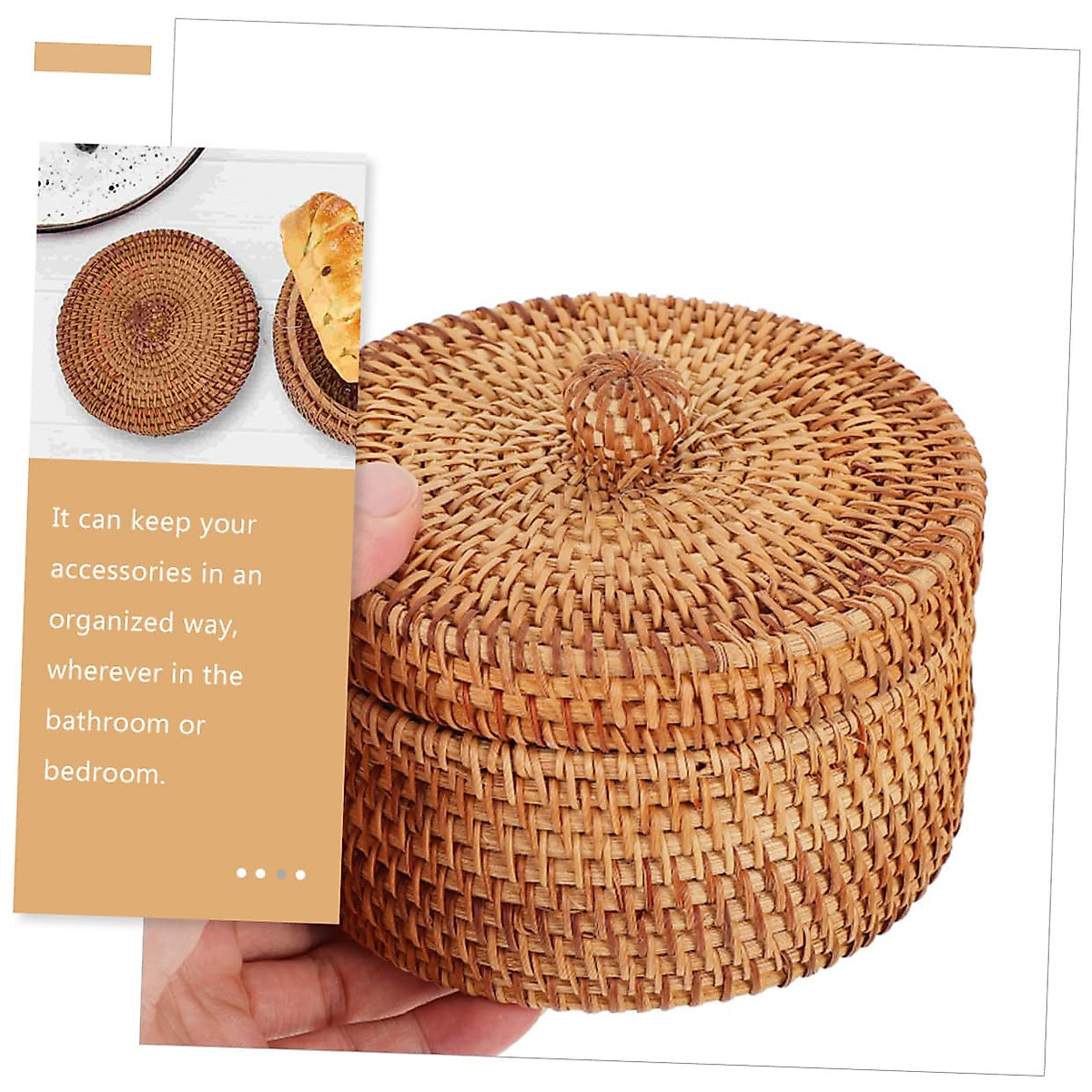 CAXUSD Box Rattan Storage Box Storage Box with Lid Makeup Organizer Case Round Storage Basket Lidded Basket for Storage Woven Storage Bowls Onion Basket Woven Storage Case Rattan Box Tray
