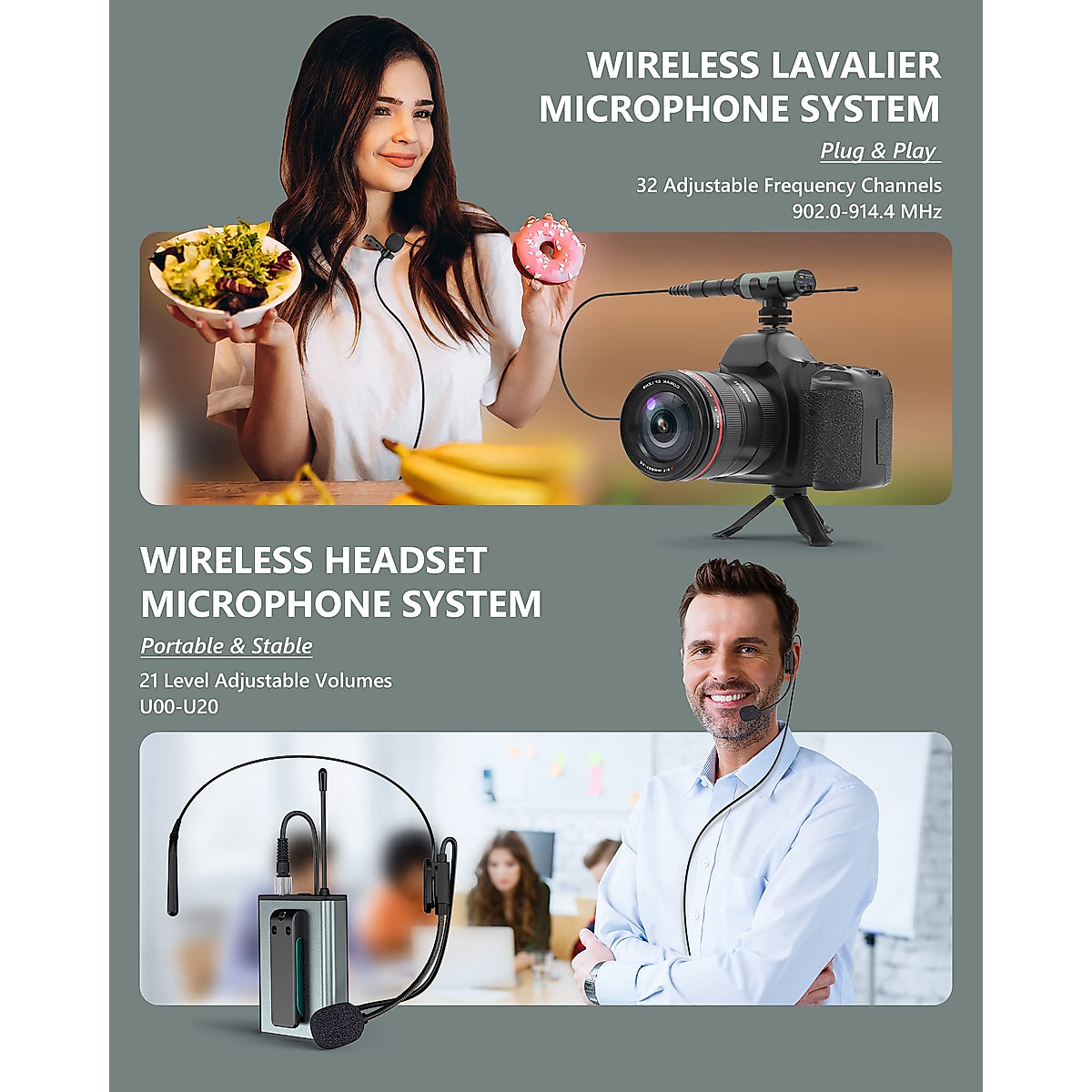 ttstar Wireless Microphone System Headset/Stand/Lavalier Mic with Rechargeable Bodypack Transmitter Receiver for PA Speaker, Camera, Recording, Teaching, Church